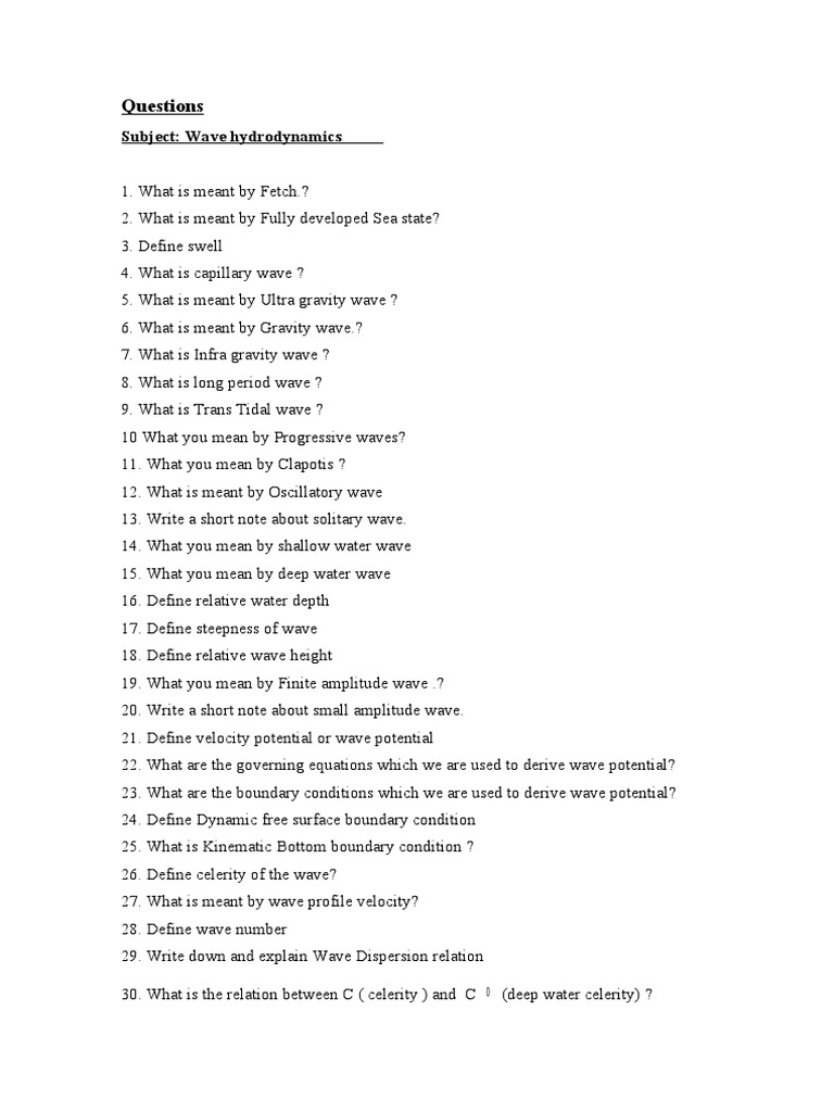 Questions: Subject: Wave Hydrodynamics | PDF | Waves | Force