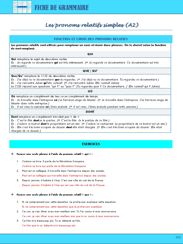 Pronoms relatifs simples en grammaire A2 | PDF | Pronom | Complément d ...
