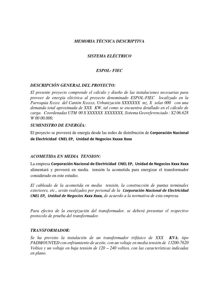 Memoria Tecnica Descriptiva Contenido | PDF | Transformador | voltaje