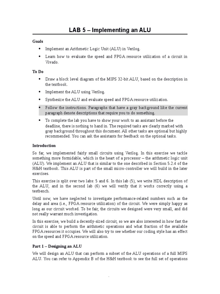 LAB 5 - Implementing An ALU: Goals | PDF | Field Programmable Gate ...