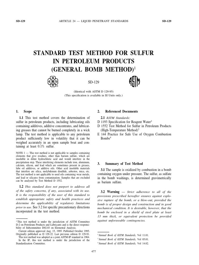 Standard Test Method For Sulfur in Petroleum Products (General Bomb ...