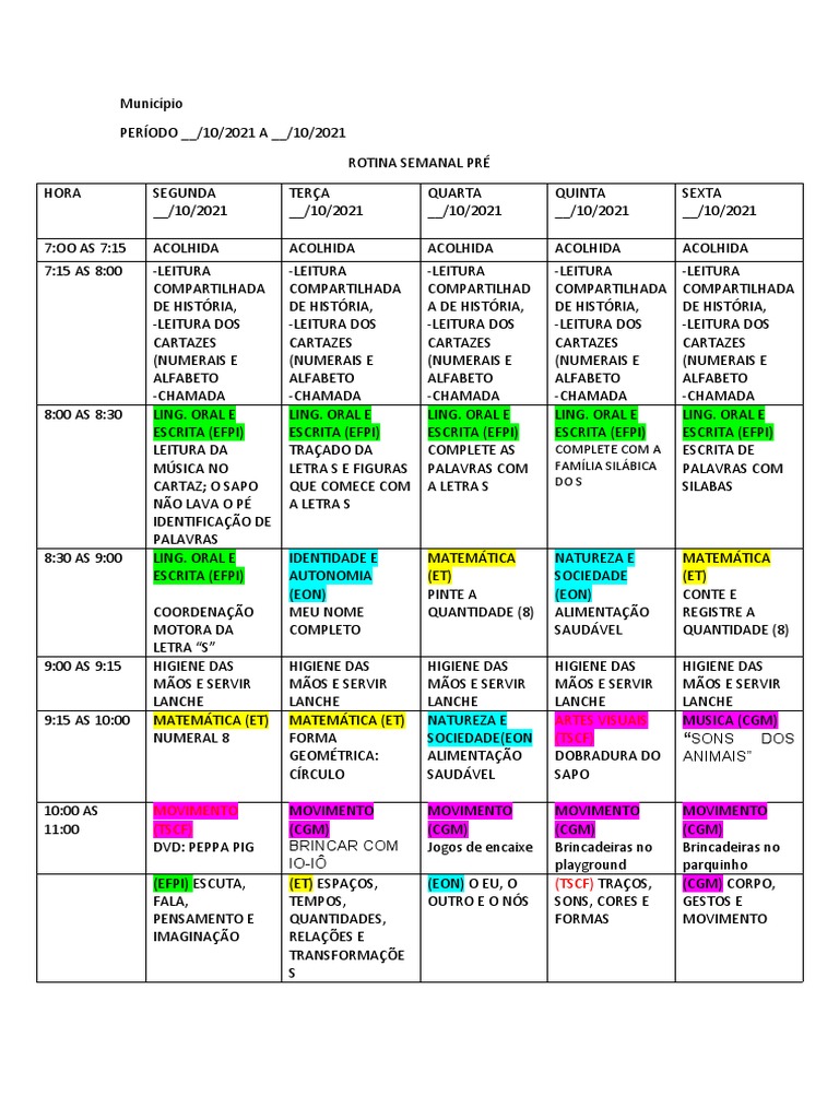 Planejamento - Rotina Semanal | PDF