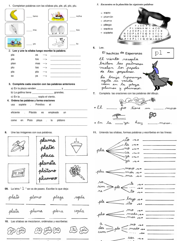 Ejercicios de sílabas y palabras con la combinación "pl | PDF