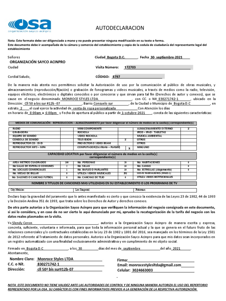 Autodeclaración Sayco y Acinpro 2021 | PDF | Derechos de autor