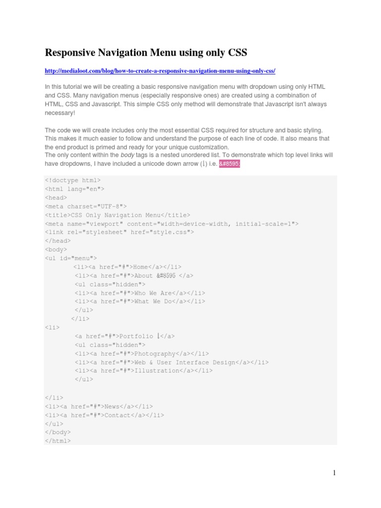 Responsive Navigation Menu Using Only Css Pdf Html Element Cyberspace