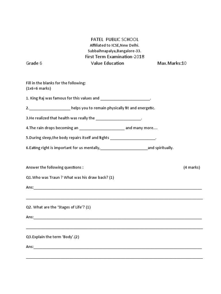 Grade 6 Value Education Exam Paper | PDF