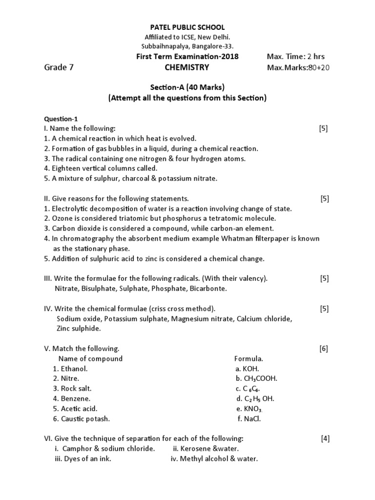 Grade 7: First Term Examination-2018 | PDF | Acid | Chemical Substances