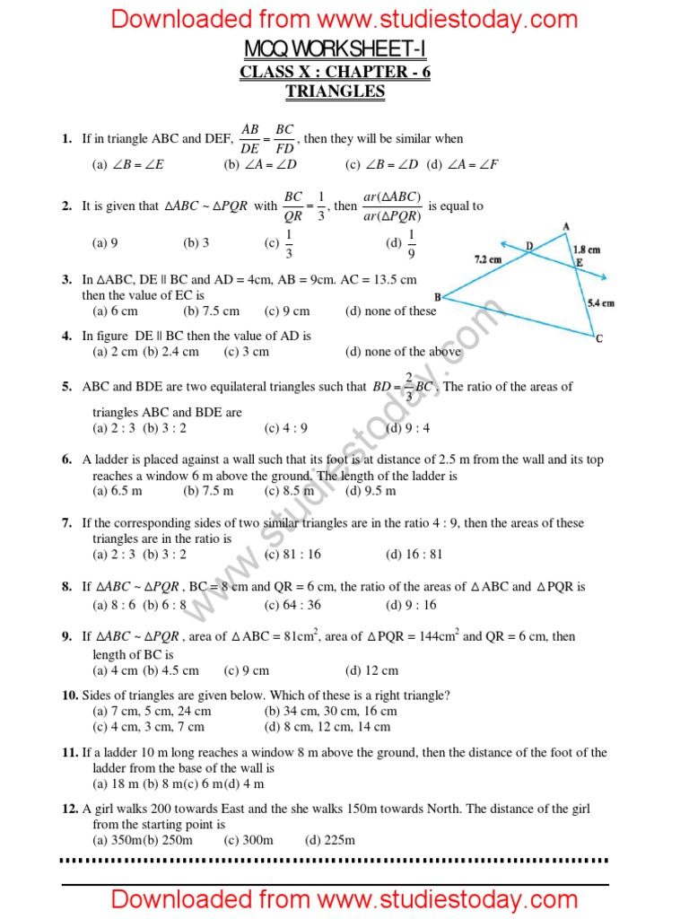 Class 10 MCQs on Triangles | PDF | Triangle | Euclid