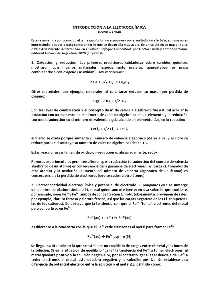 Introducción A La Electroquímica-Dr. Fasoli | PDF | Redox | Electrodo