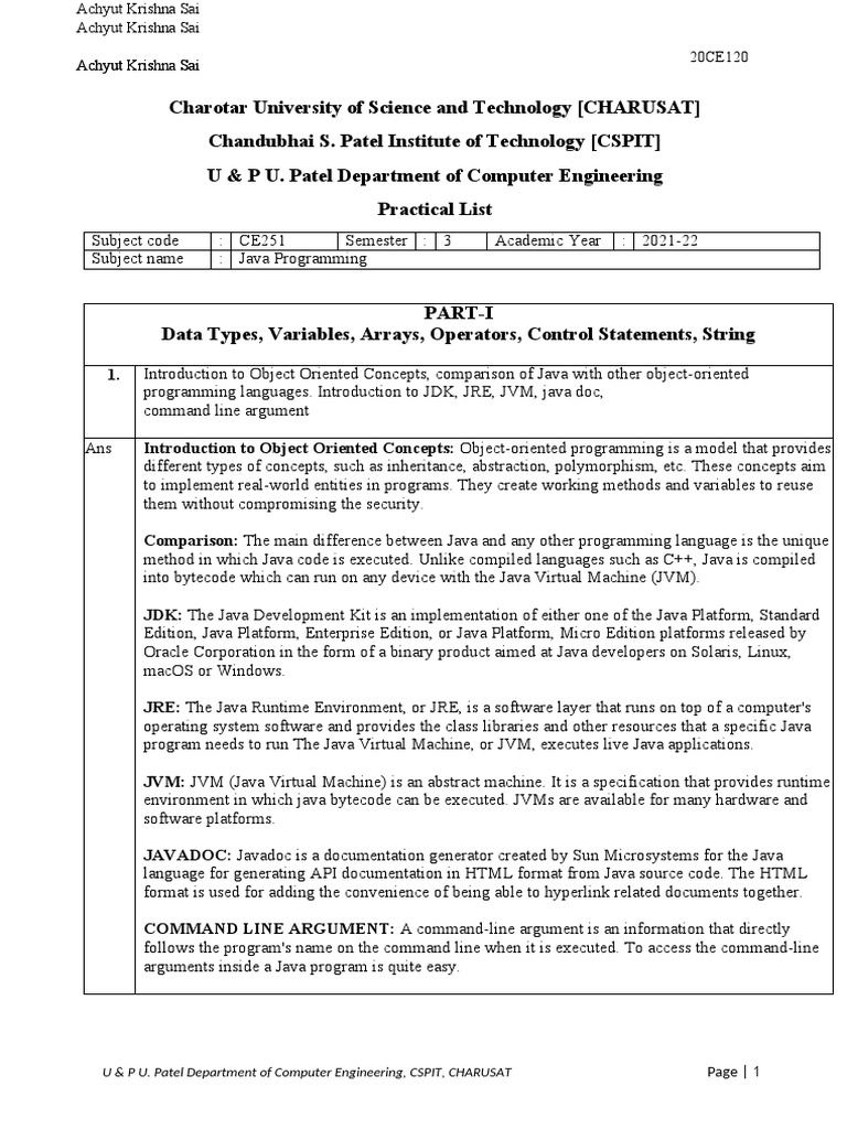 20CE120 - CE251 Java Practical Part I, II - III, IV | PDF | Java (Programming Language) | Java ...