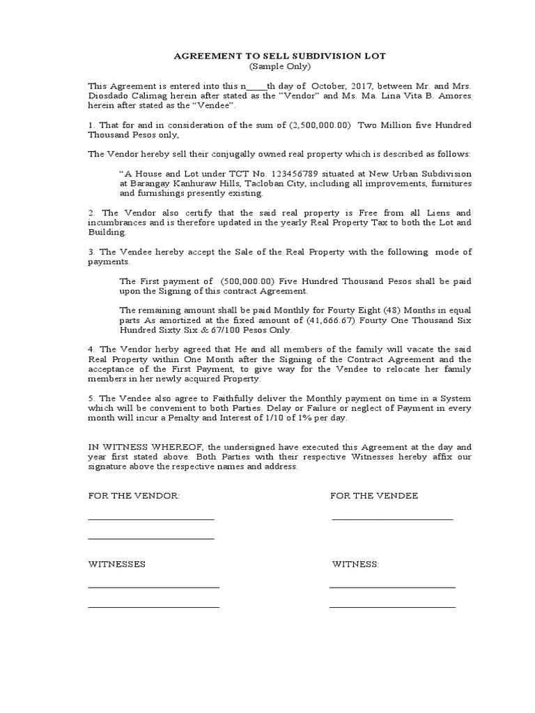 AGREEMENT TO SELL SUBDIVISION LOT - Bling2 Project | PDF | Government ...