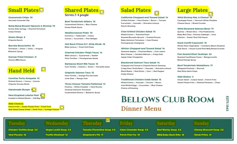 Bellows Menu Dinner MJ Edits 03-25 | PDF | Salad | French Fries