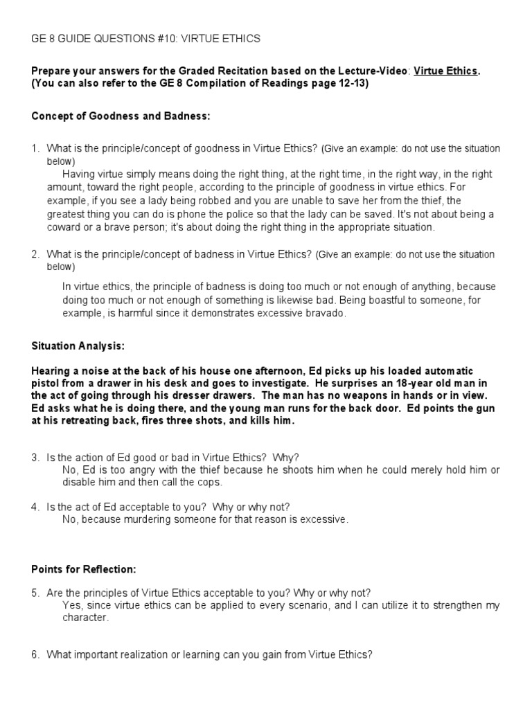 Virtue Ethics Guide Questions #10 | PDF