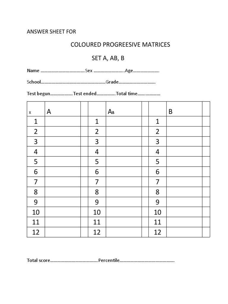 Coloured Progreesive Matrices Set A, Ab, B: Answer Sheet For | PDF