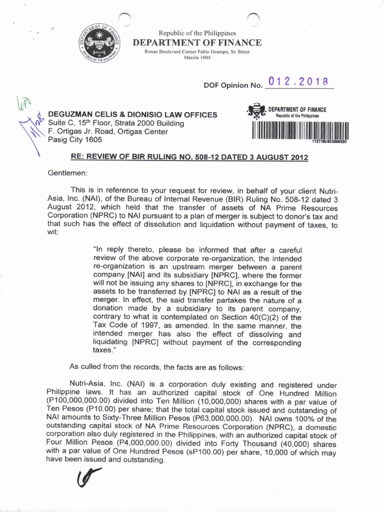 Review of BIR Ruling on NAI Merger | PDF | Corporations | Mergers And ...