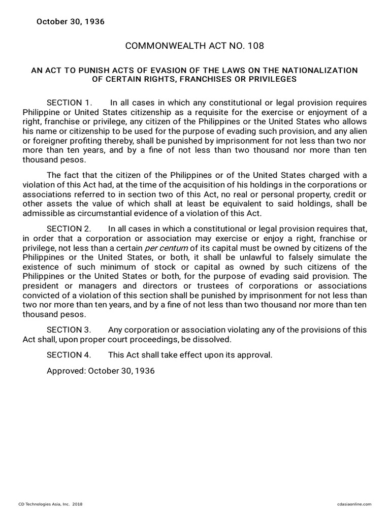 CA 108 - Anti-Dummy - Law | PDF | Citizenship | Imprisonment