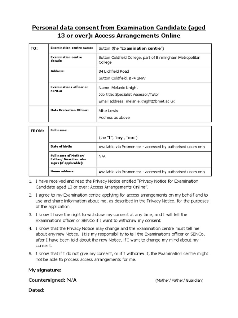 Sutton Personal Data Consent Form Feb 2019 | PDF | Privacy ...