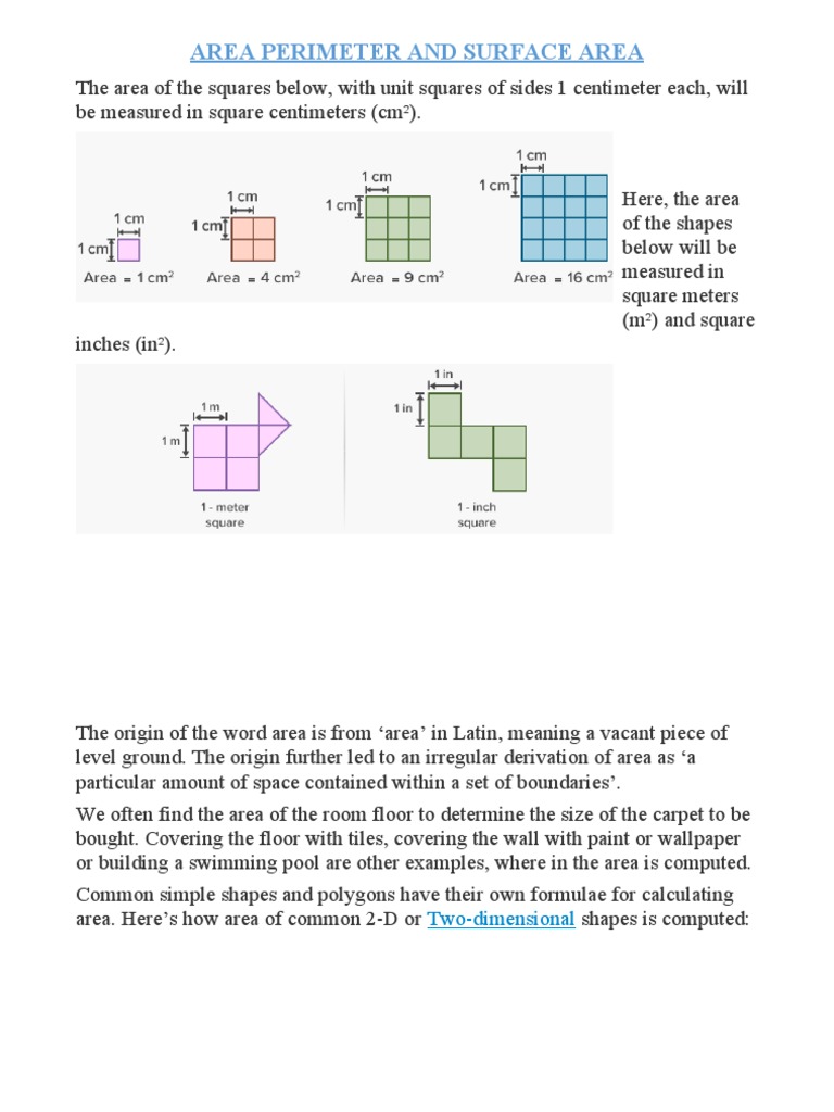 Area Perimeter and Surface Area of Objects | PDF | Area | Geometry