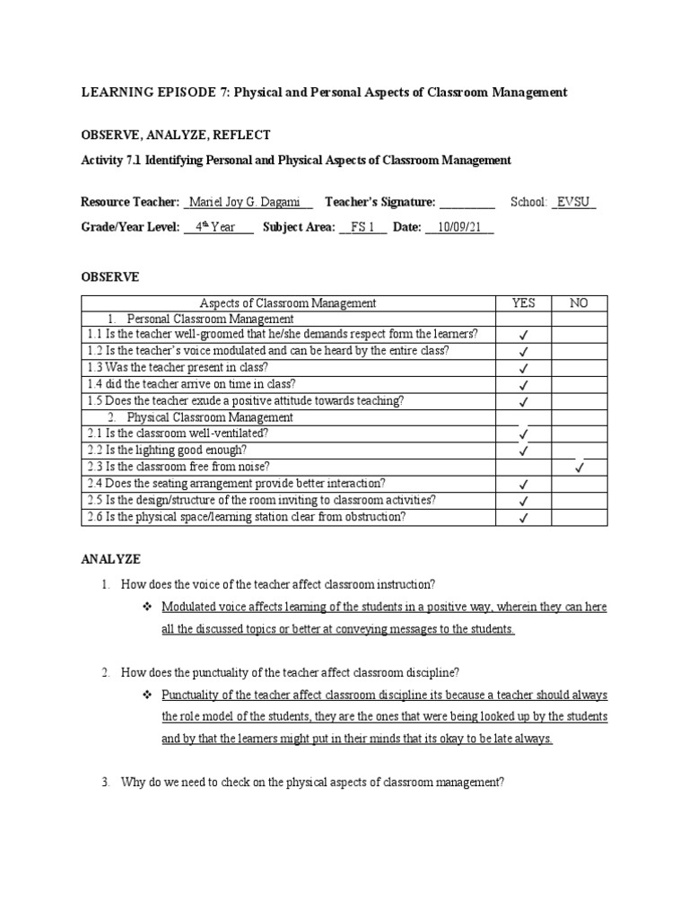 LEARNING EPISODE 7: Physical and Personal Aspects of Classroom ...