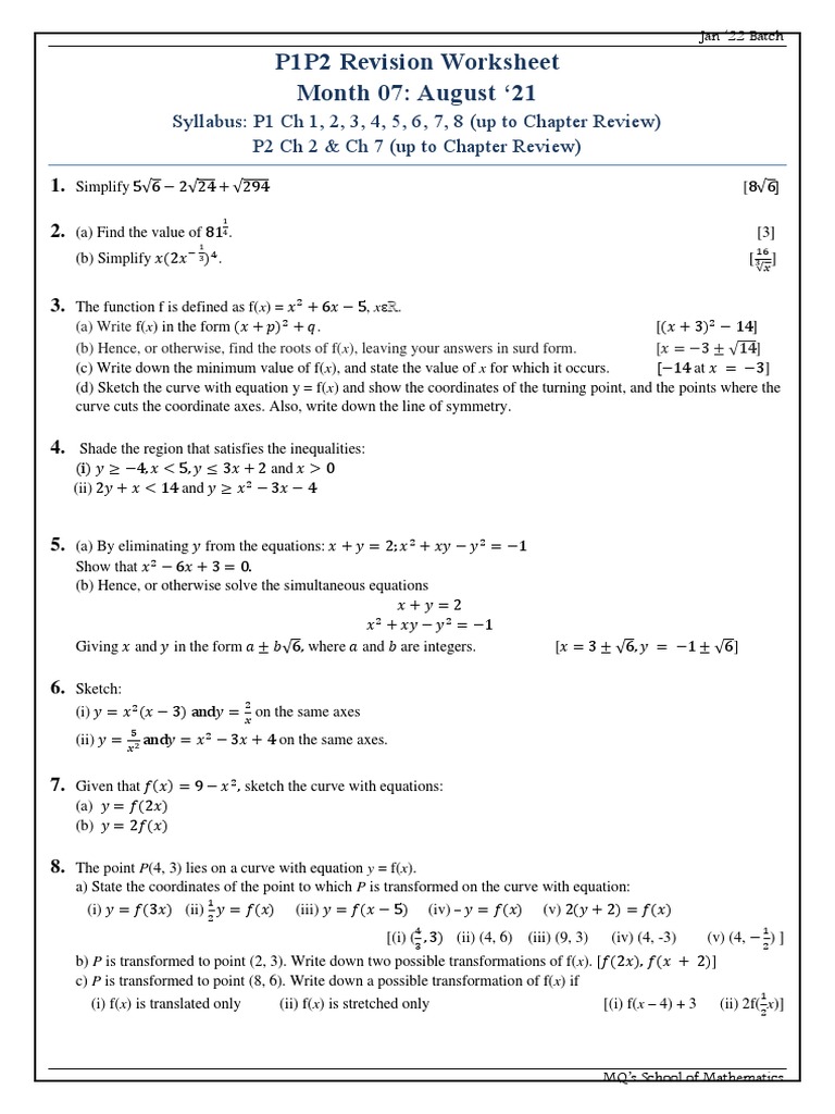 Pure Mathematics Revision Worksheet Month 7 | PDF | Area | Cartesian ...