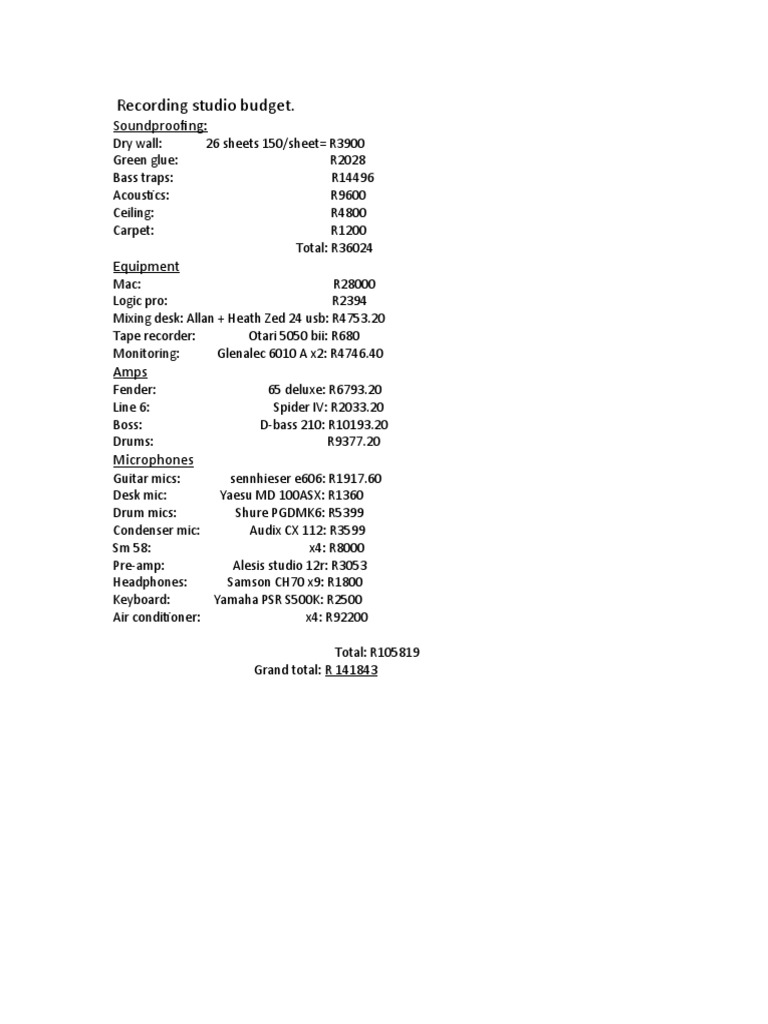 Recording Studio Budget Breakdown | PDF | Technology & Engineering