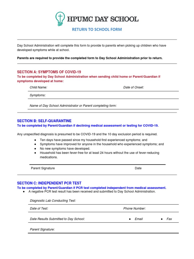 Return To School Form | PDF | Medical Diagnosis | Epidemiology