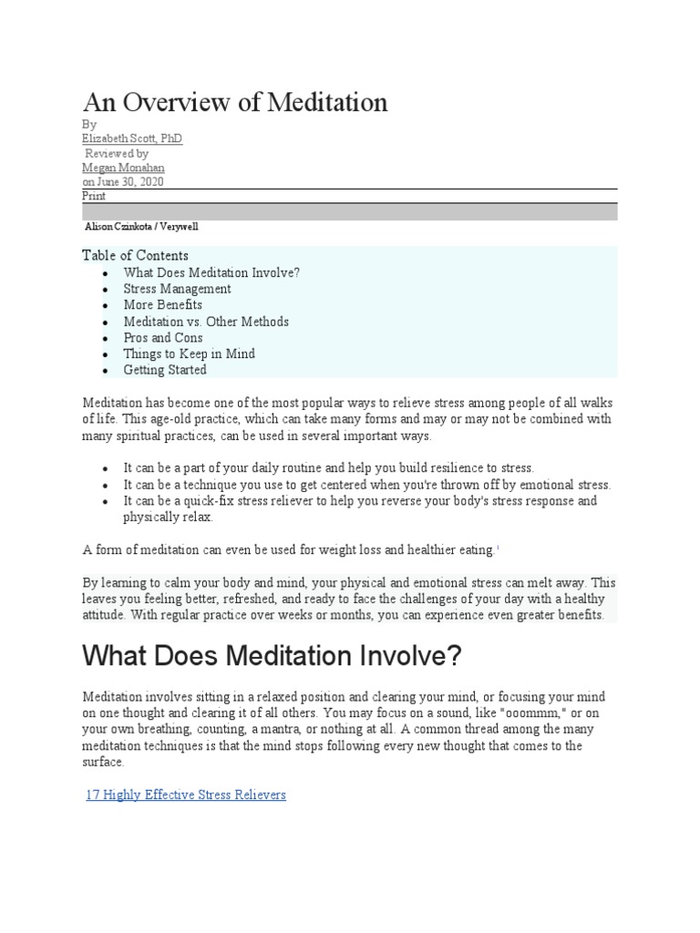An Overview of Meditation Handout | PDF | Meditation | Relaxation ...
