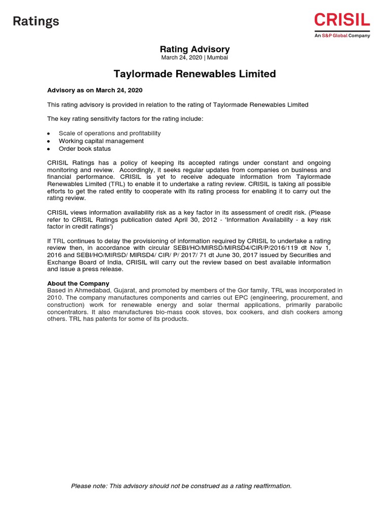Taylormade Renewables Limited: Rating Advisory | PDF | Damages ...