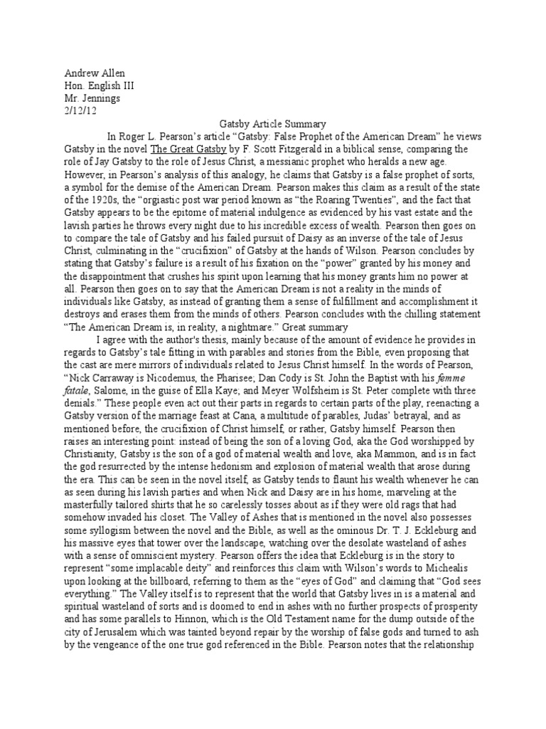 Gatsby False Prophet of The American Dream Essay | PDF | The Great ...