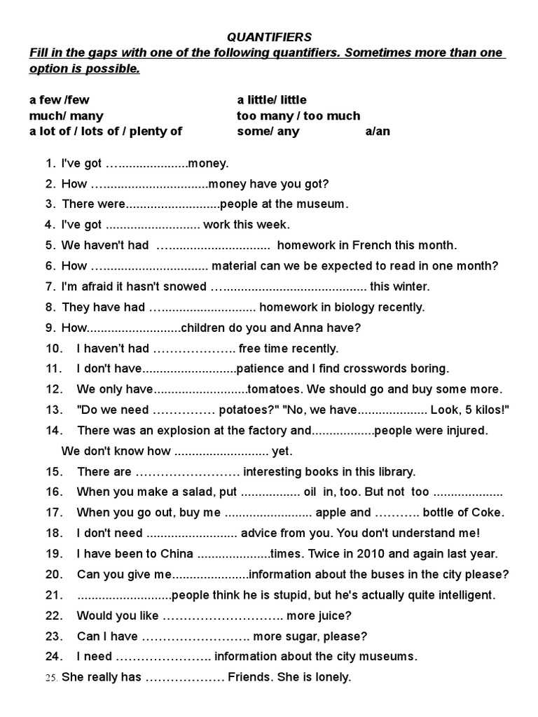 A Few /few A Little/ Little Much/ Many Too Many / Too Much A Lot of ...