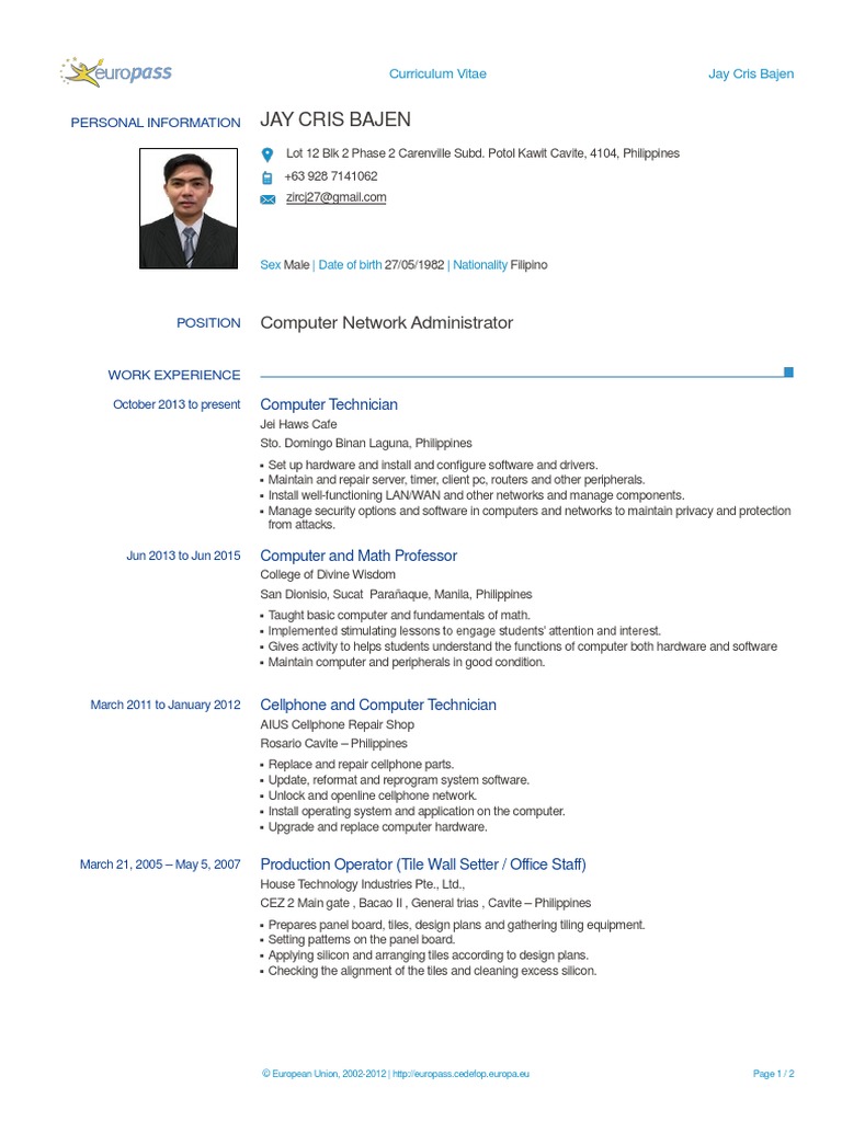 CV Europass Jay Cris Bajen | PDF | Telecommunications | System Software