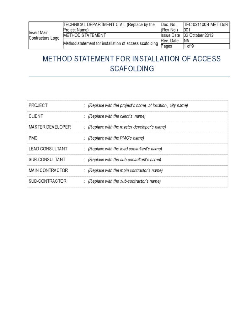 Method Statement For Installation of Access Scafolding | PDF ...