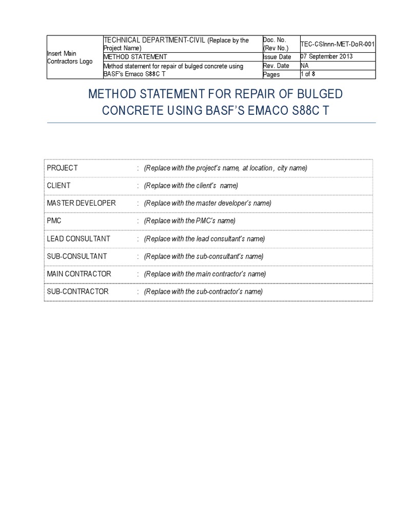 Method Statement For Repair of Bulged Concrete Using | PDF | Concrete ...
