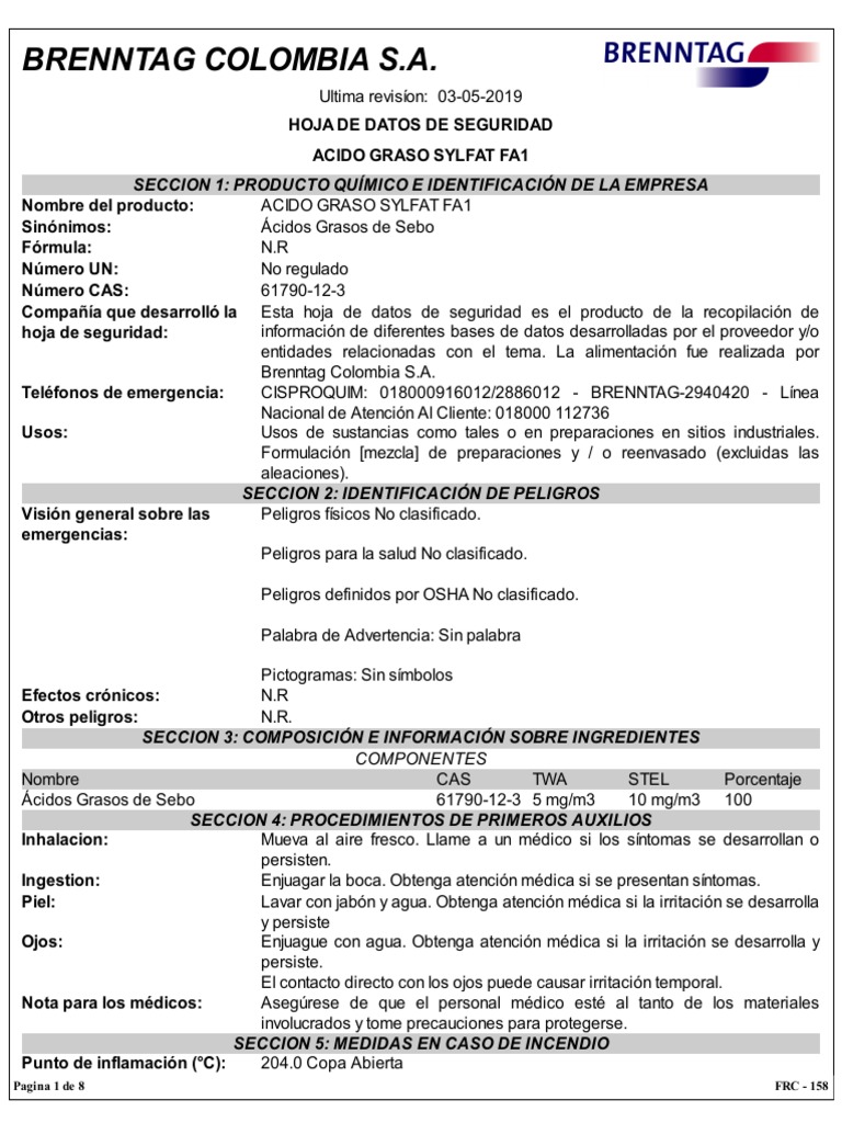 Hoja de Seguridad Ácido Graso Sylfat FA1 | PDF | Agua | Residuos
