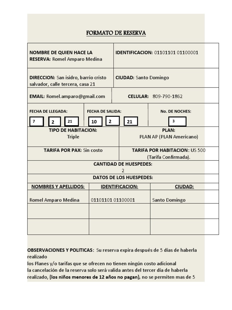 FORMULARIO RESERVA (Oficial) | PDF