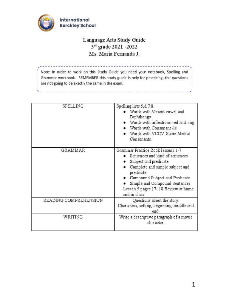 Language Arts Study Guide 3 Grade 2021 - 2022 Ms. María Fernanda J ...