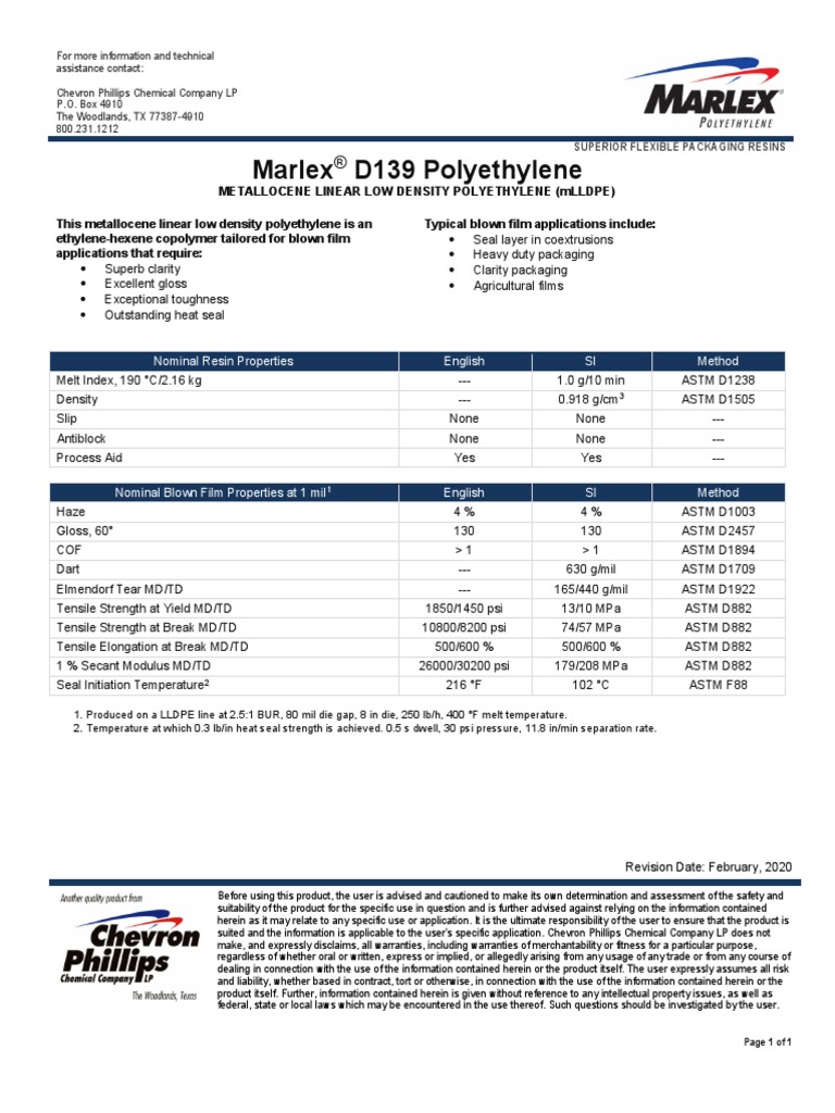 Marlex D139 Polyethylene: Nominal Resin Properties English SI Method ...