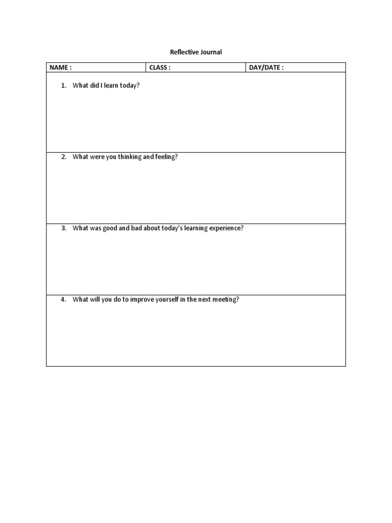 What Did I Learn Today?: Reflective Journal Name: Class: Day/Date | PDF