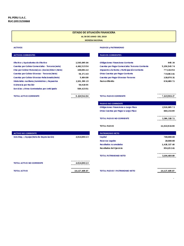 ESF y ERI Con Anexos Junio 2019 | PDF | Activo fijo | Estado de resultados