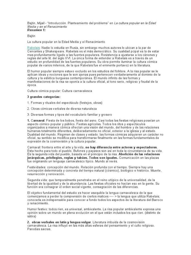 Bajtin - Resumen | PDF | La risa | Carnaval