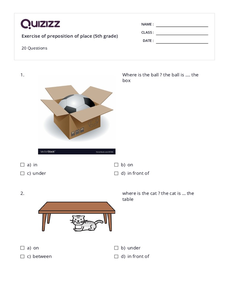 Exercise of Preposition of Place (5th Grade) - Print - Quizizz | PDF
