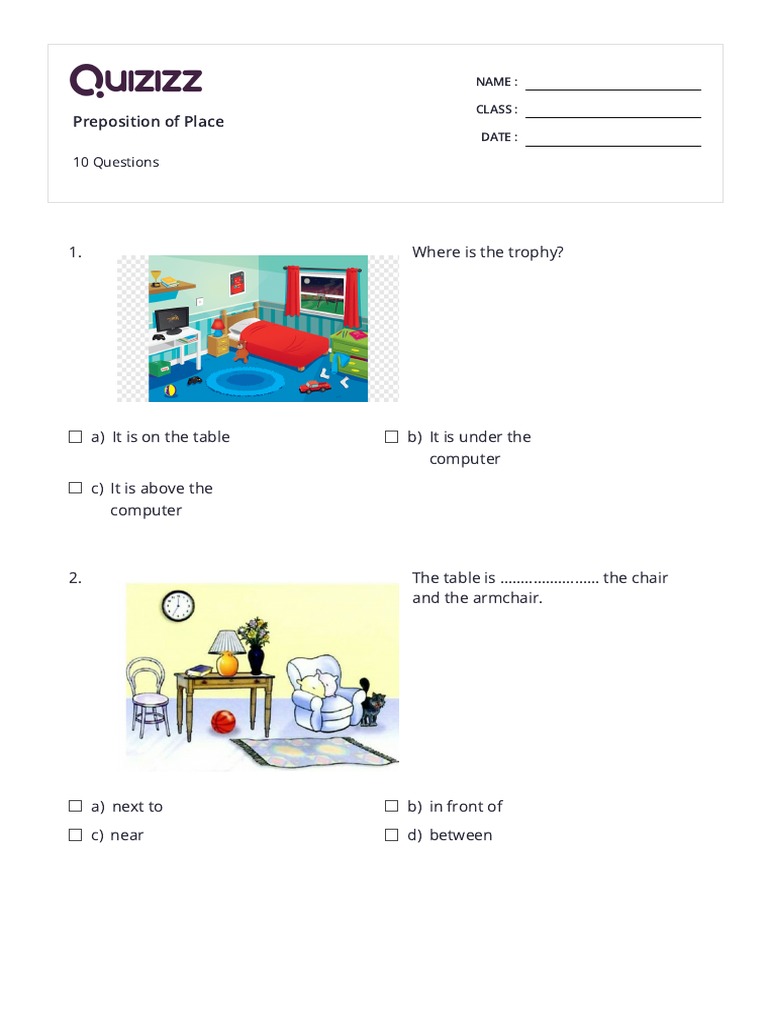 Preposition of Place - Print - Quizizz | PDF