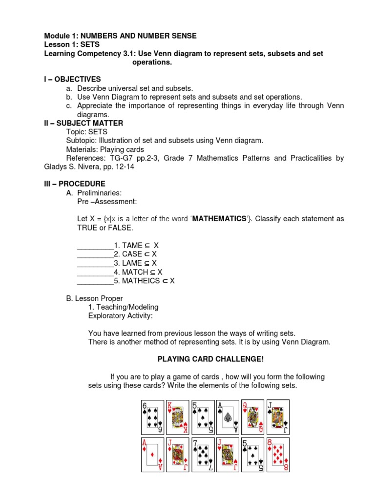 Module 1: Numbers and Number Sense Lesson 1: SETS Learning Competency 3 ...