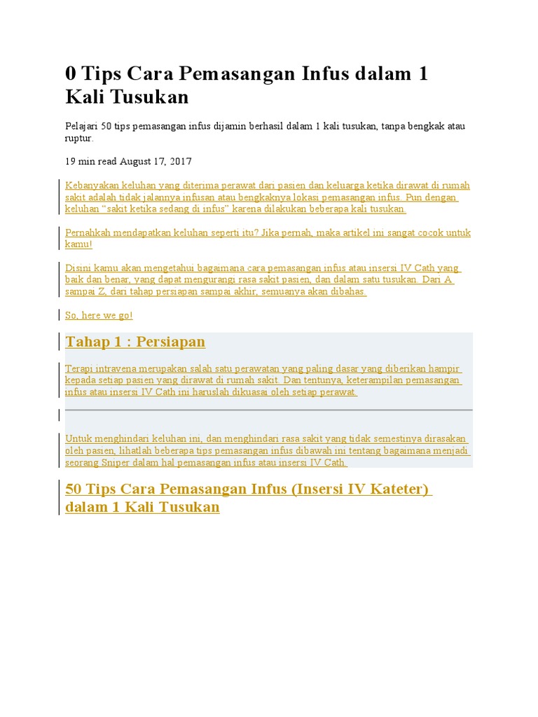 50 Tips Cara Pemasangan Infus Dalam 1 Kali Tusukan | PDF