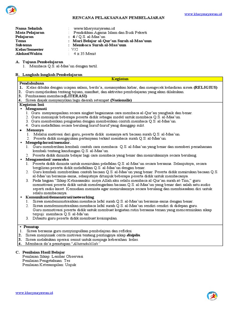 RPP PAI Kelas 5 Belajar Qs Al-Maun 1 Lembar - WWW - Kherysuryawan.id | PDF