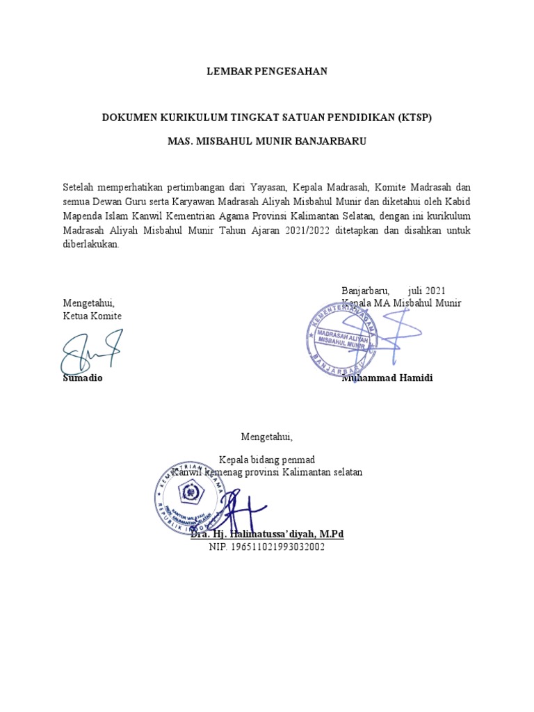 Lembar Pengesahan Kurikulum MA 2021/2022 | PDF