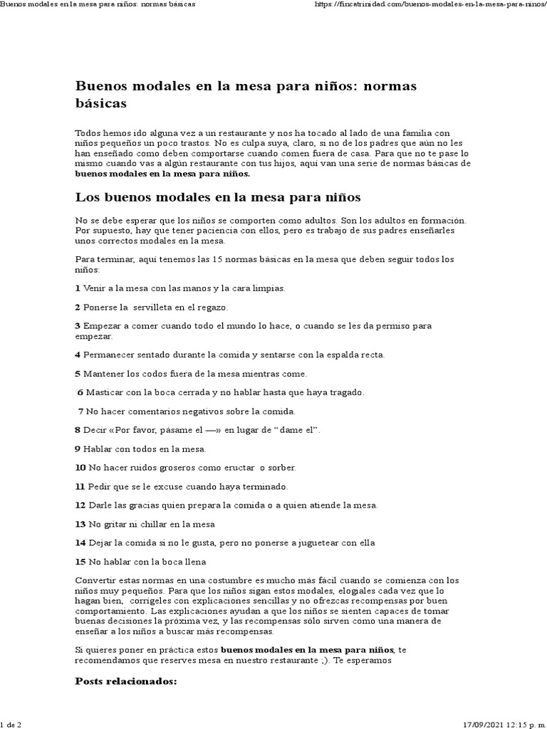 Buenos Modales en La Mesa para Niños Normas Básicas | PDF