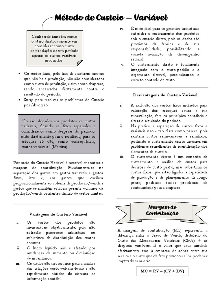 Método de Custeio - Variável | PDF | Despesa | Contabilidade financeira