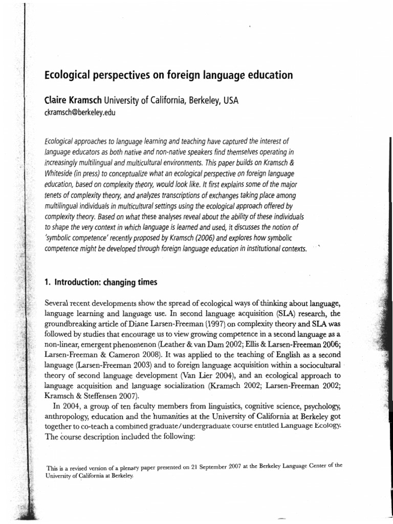 Kramsch Ecological Perspectives On Foreign Language Education | PDF