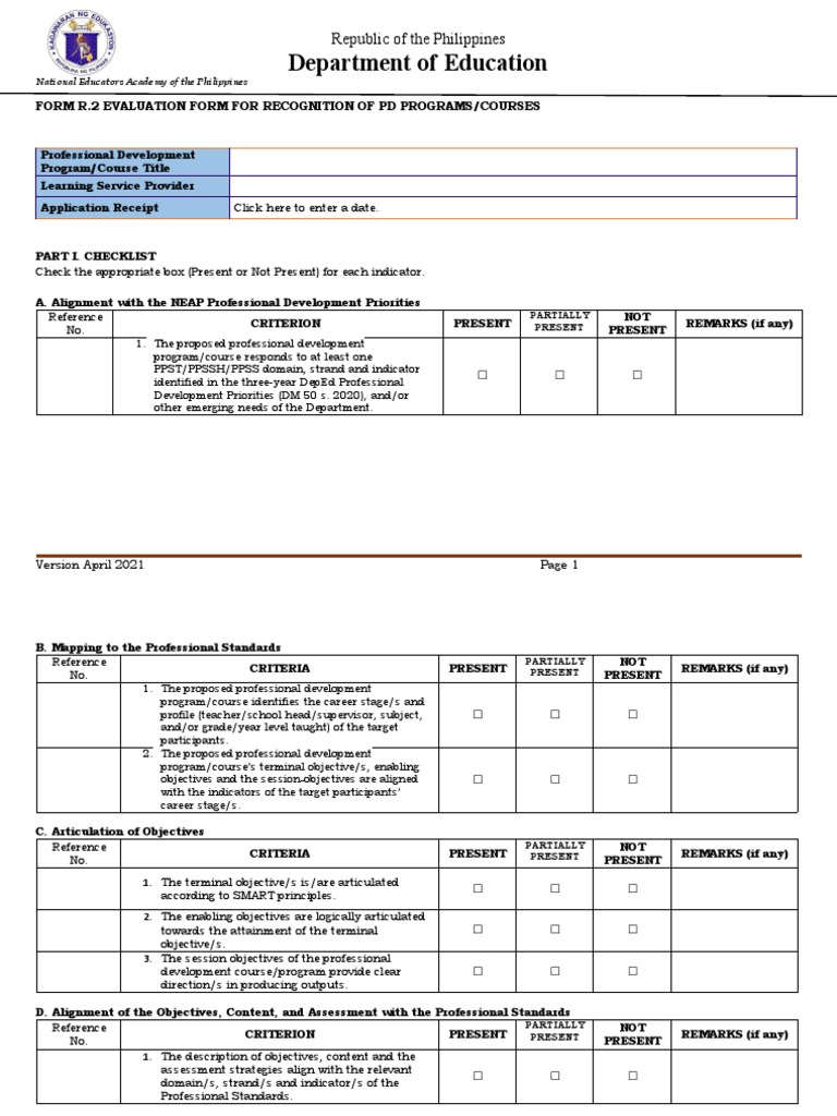 FORM R.2 Recognition Evaluation Tool | PDF | Learning | Psychological ...
